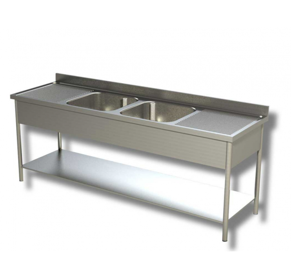 Plonge avec 2 bacs centrale et étagere basse Prof 600