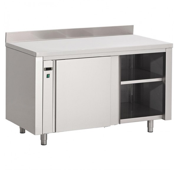 Table armoire inox chauffante avec dosseret et portes coulissantes