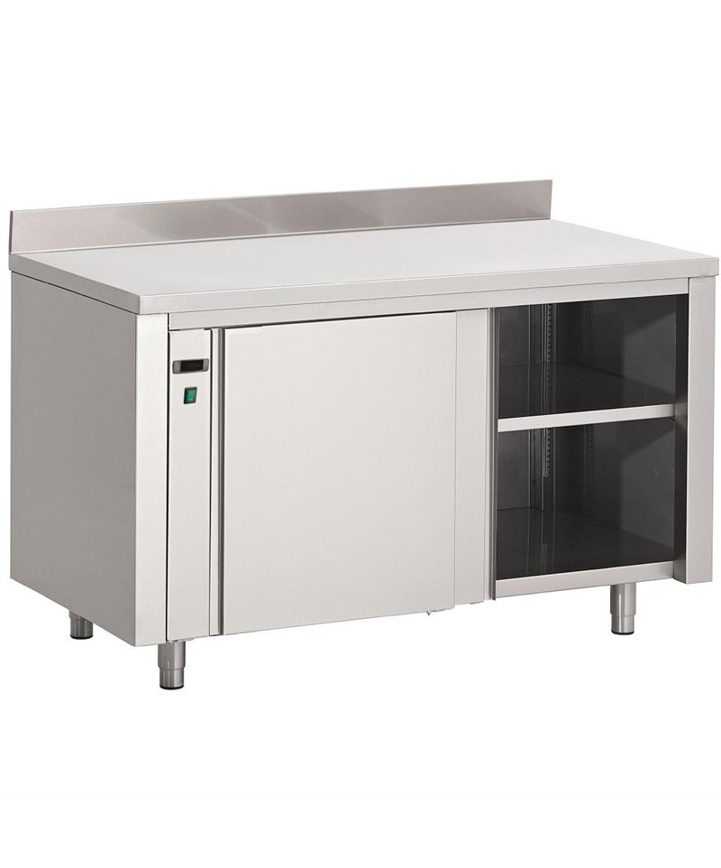 Table armoire inox chauffante avec dosseret et portes coulissantes